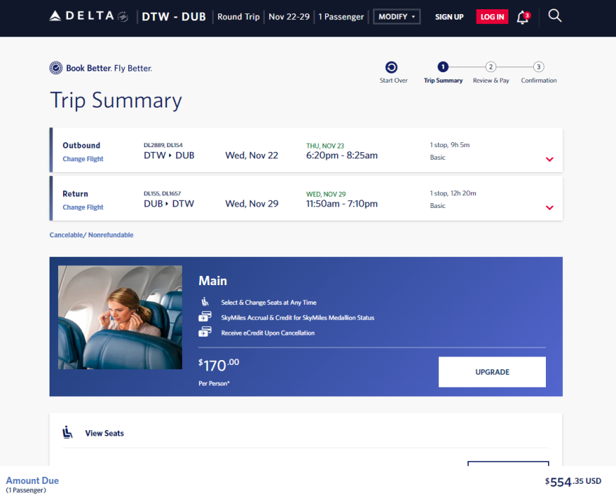 Delta: Detroit / Minneapolis – Dublin, Ireland. $554 (Basic Economy ...
